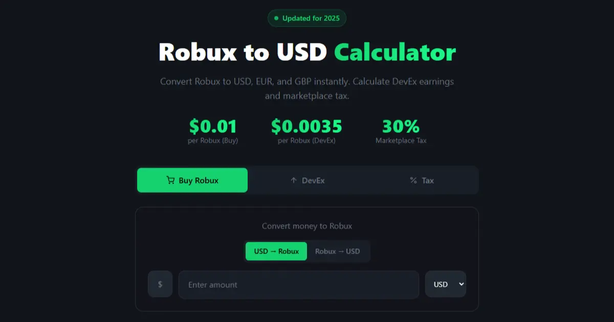 Robux to USD Calculator - Free Converter & DevEx Rates